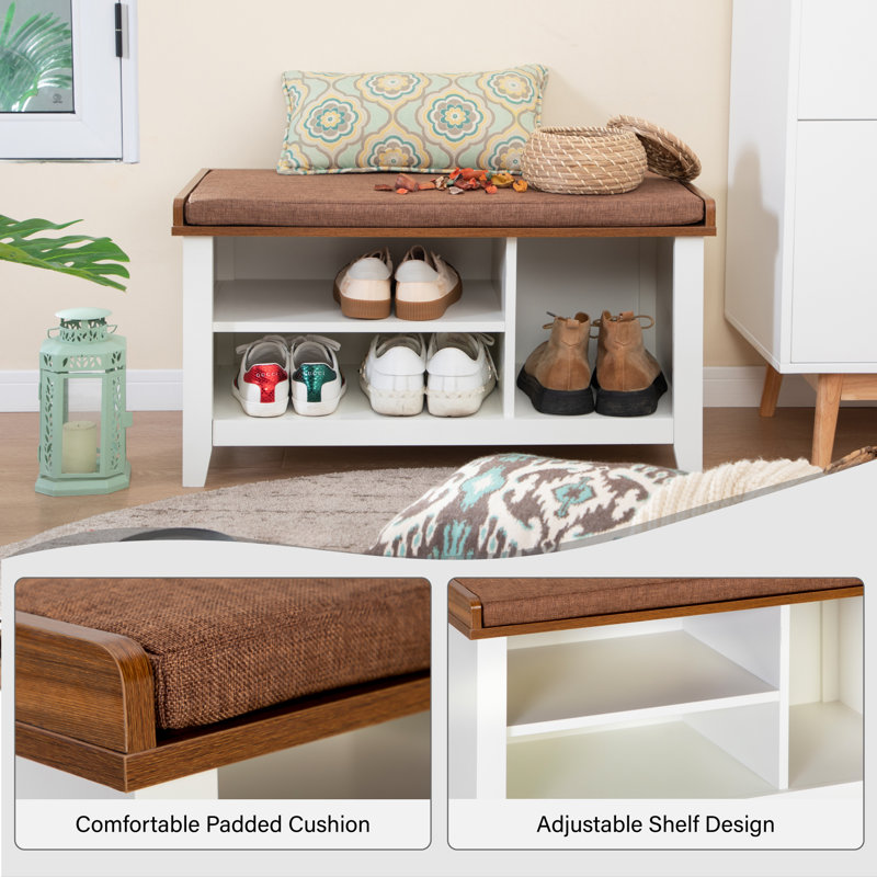 Wildon Home® Shoe Storage Benches White Rack Bench With Brown Padded ...