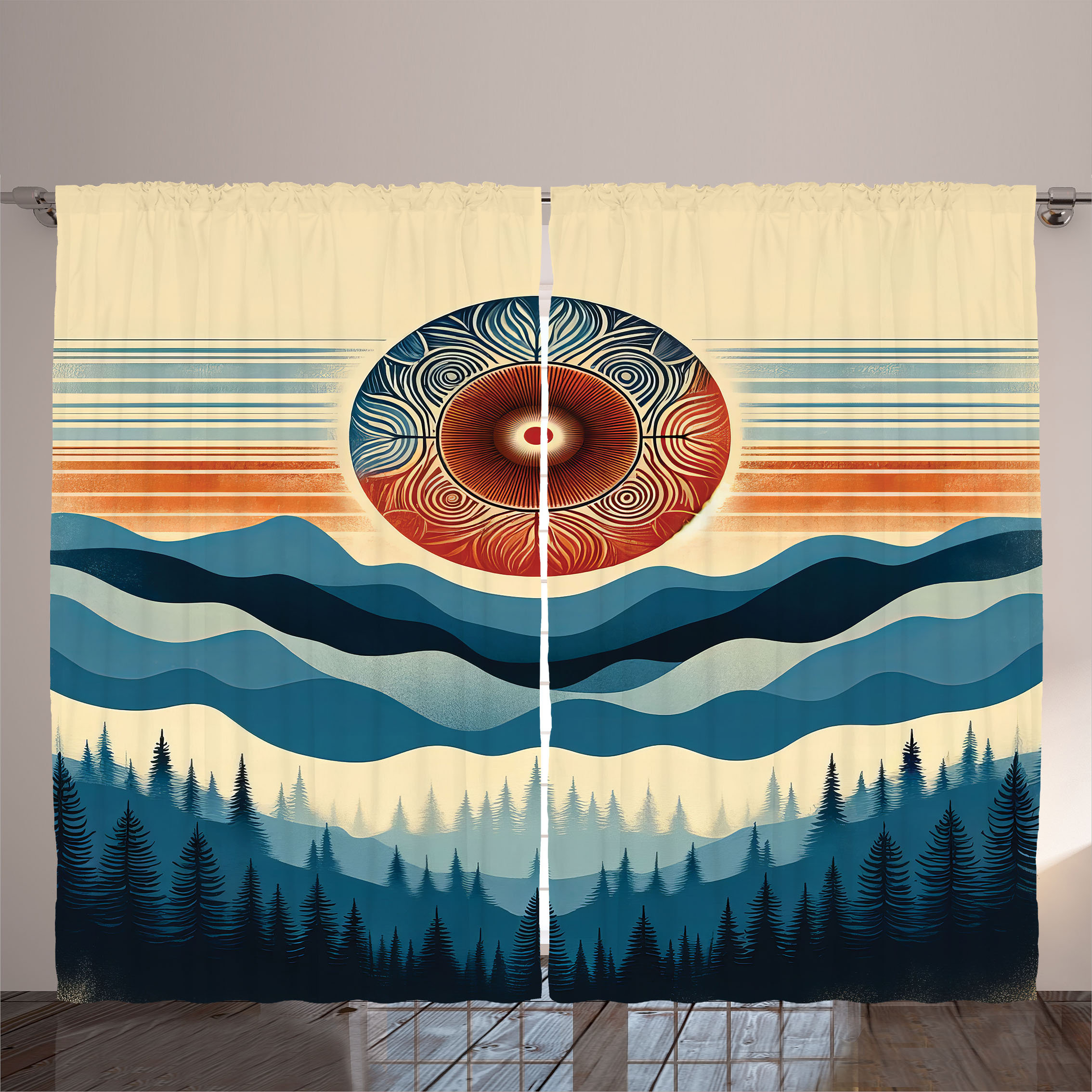 Ambesonne Curtains 2 Panel Set, Mid Century Wilderness Mounts, Cream ...