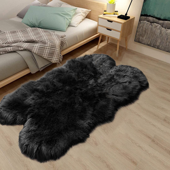 Everly Quinn Faux Fur Black Rug & Reviews | Wayfair