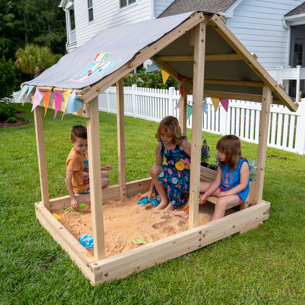 Funphix Dig n Play Wooden Sandbox Playhouse with Bench & Flower Planter ...