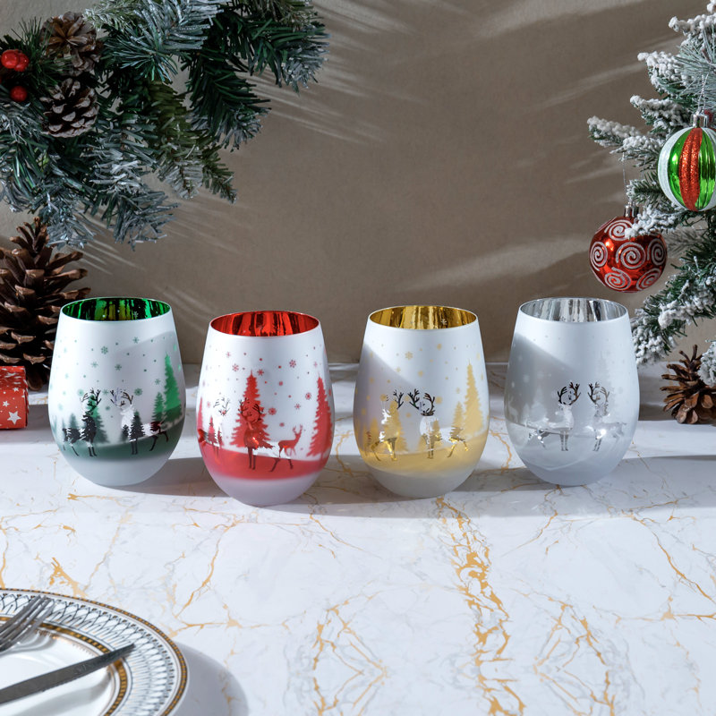 The Holiday Aisle® 4 Piece Stemless Christmas Wine Glasses Glassware ...