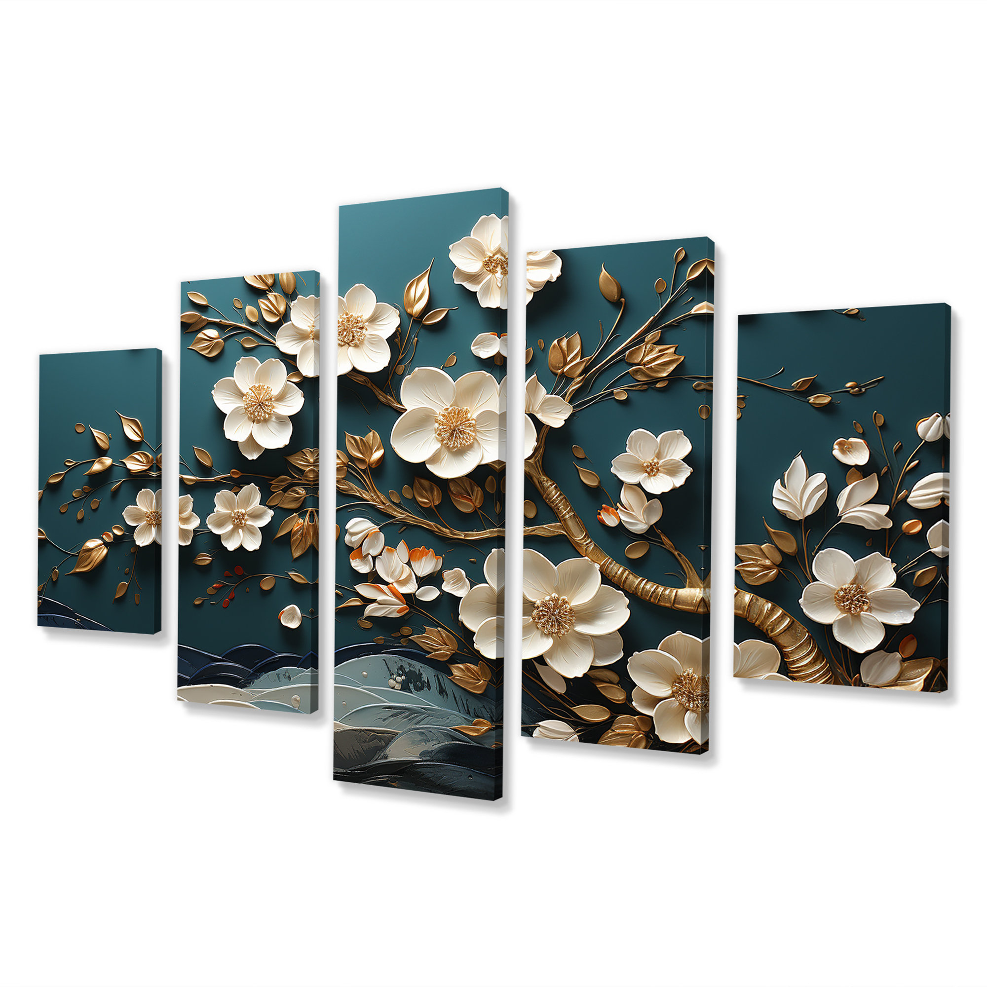 Lark Manor White And Gold Charming Spring Flower Blooms III - Flowers Multipanel Wall Art Decor ...