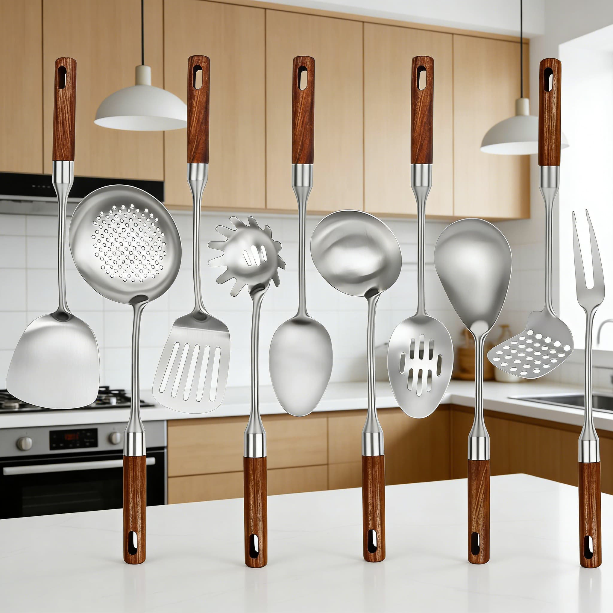 wuyi 10-Piece Stainless Steel Kitchen Utensil Set With Wooden Handles ...