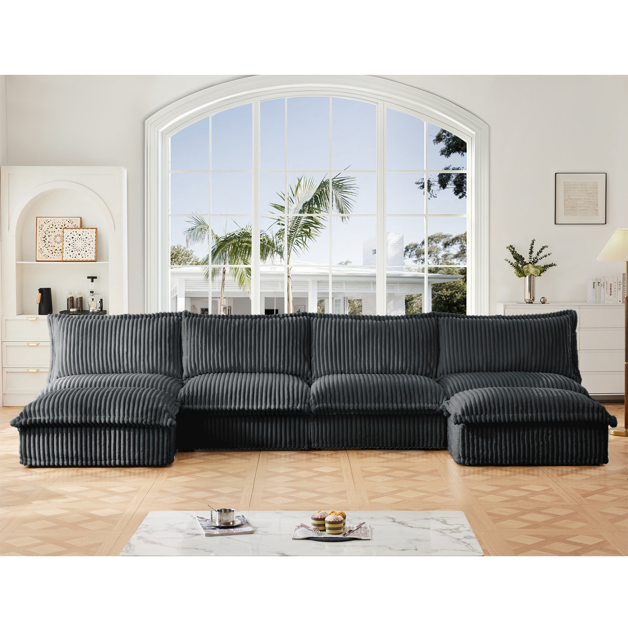 Hokku Designs Slipcovered U Shape 4 Seater Sectional Sofa with Ottoman ...