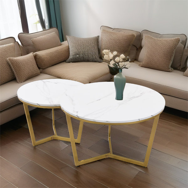 Mercer41 Beatriz Round Nesting Coffee Table with Marbling Top and Gold ...