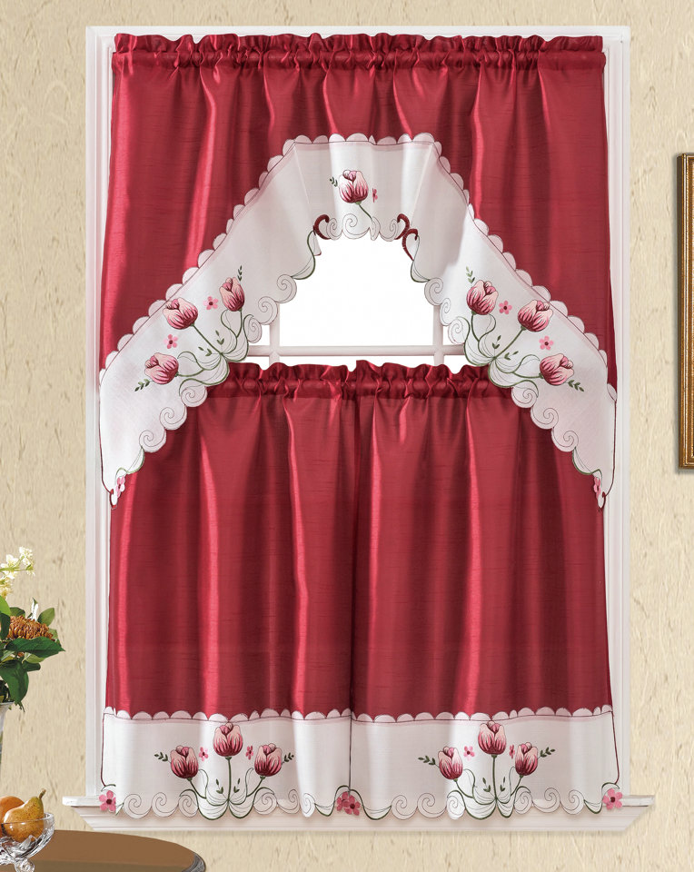 Winston Porter Anazia Floral Ruffled 56'' W Kitchen Curtain Burgundy ...