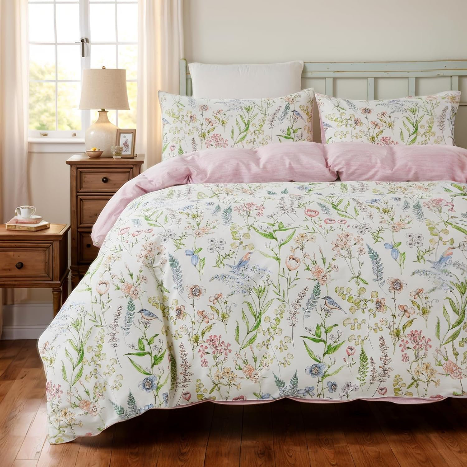 Nayoroom 3 Pieces Ultra Soft Pink Flowers Birds Floral Duvet Cover 100% ...