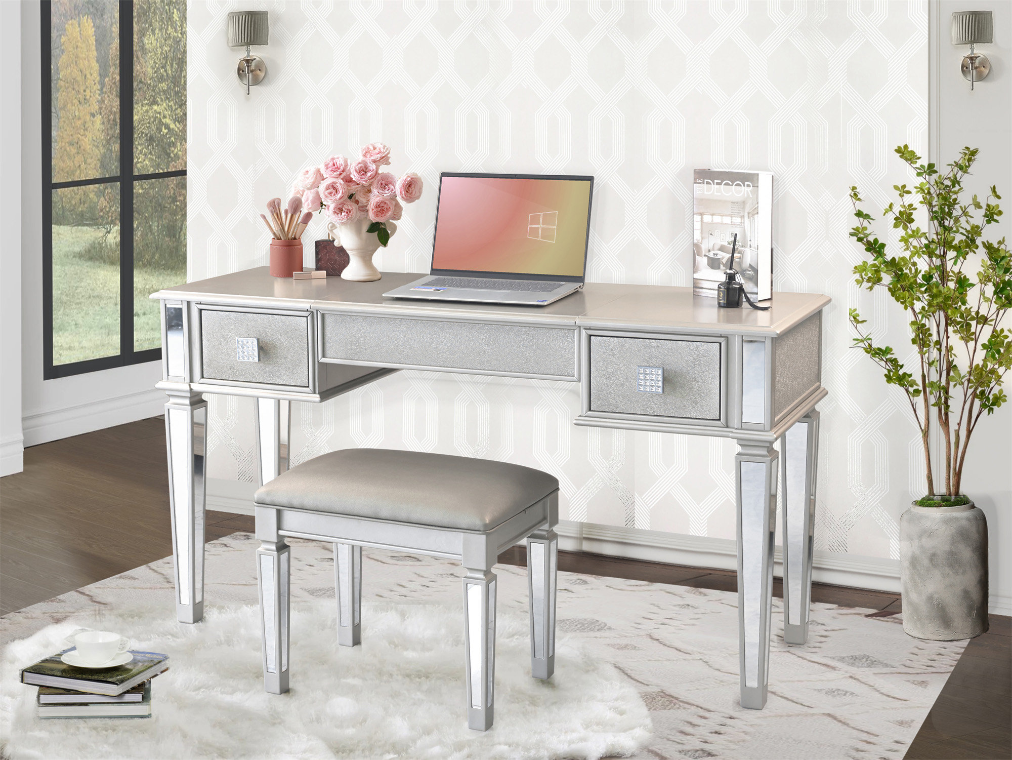 GZMWON Mirro Vanities Desk With Drawersbed Frameroom Makeup Vanity ...