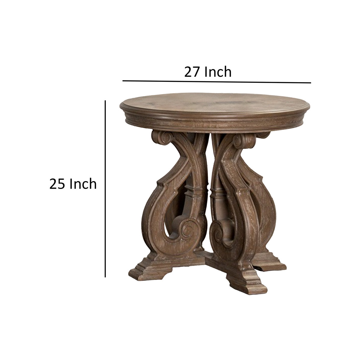 Benjara Gia Side End Table, 27 Inch Round Top, Carved Details, Brown ...