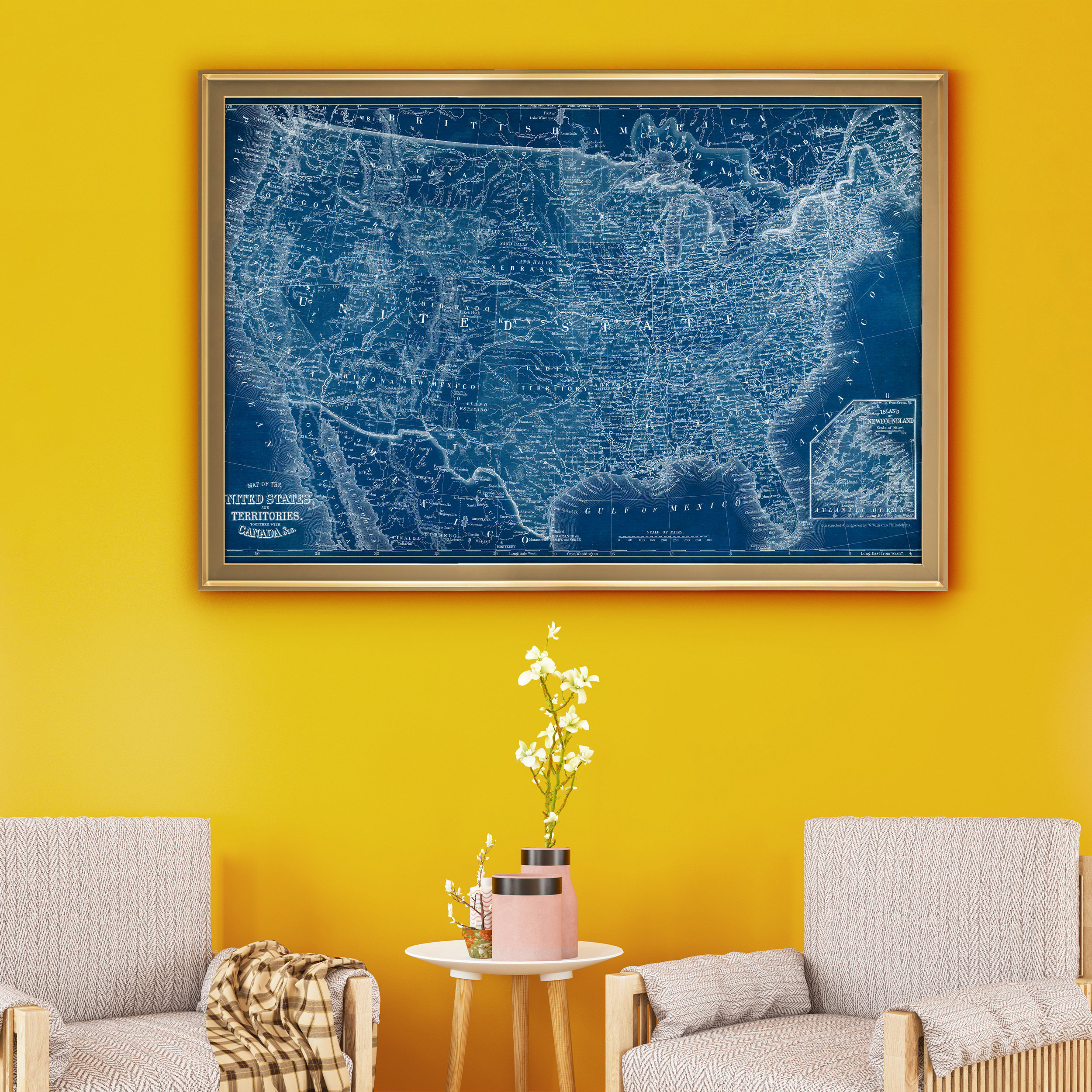 Breakwater Bay US Map Blueprint - Picture Frame Print on Canvas | Wayfair