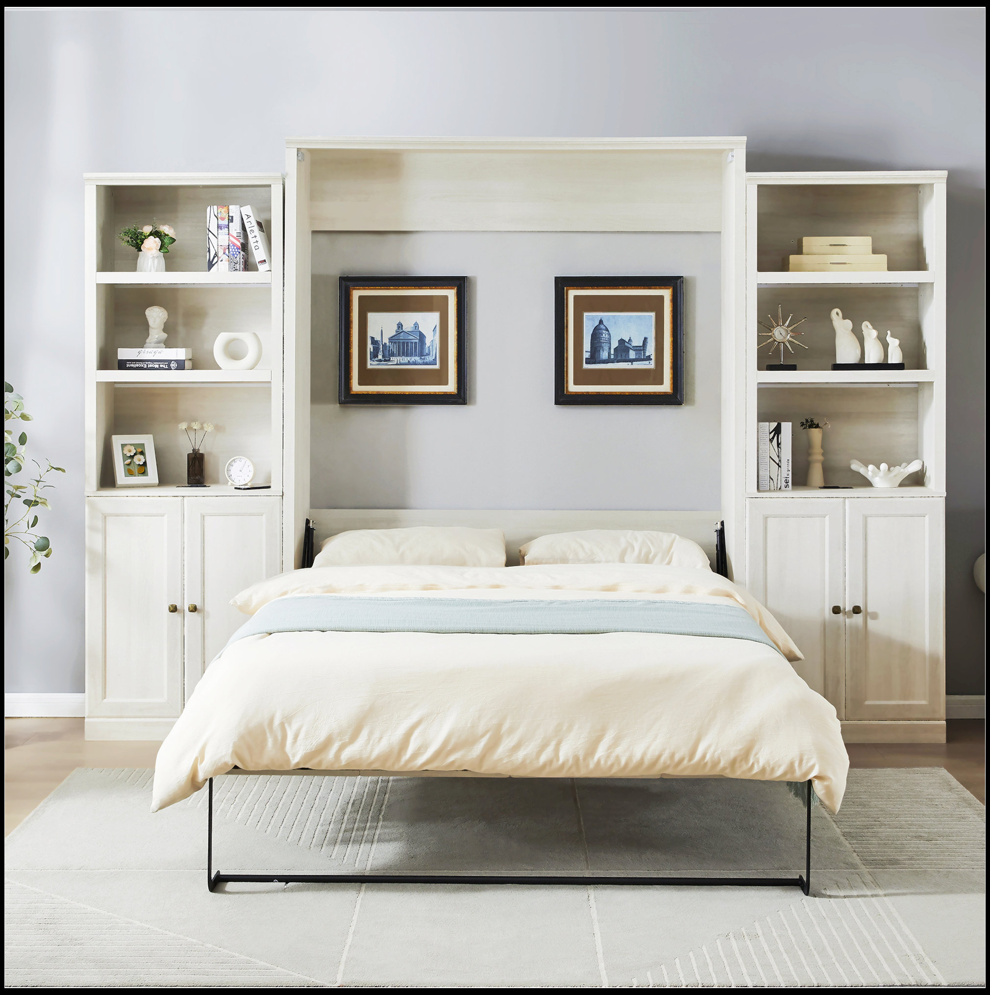 Delight Glass Queen Size Half Self-Close And Open Murphy Bed With 2 Side Cabinet Storage Shelf ...