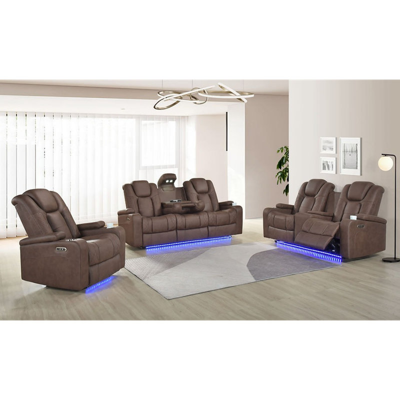Everly Quinn Ashley Brown Faux leather Power Reclining 3pcs Set | Wayfair