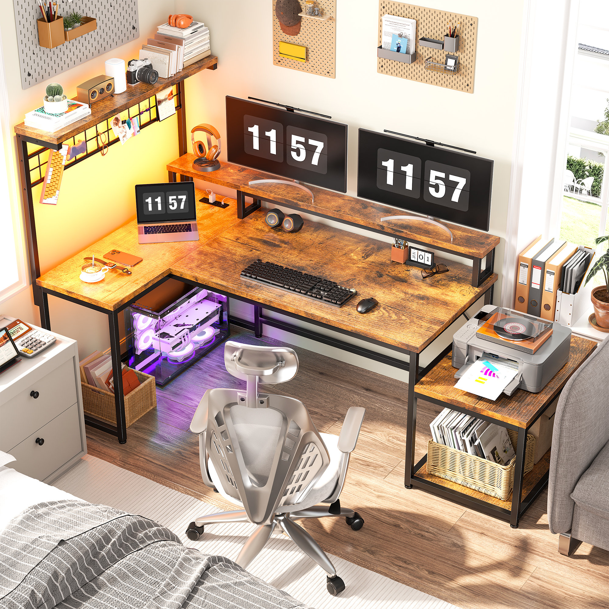 Inbox Zero L Shaped Reversible Computer Desk With Power Outlet & Long ...