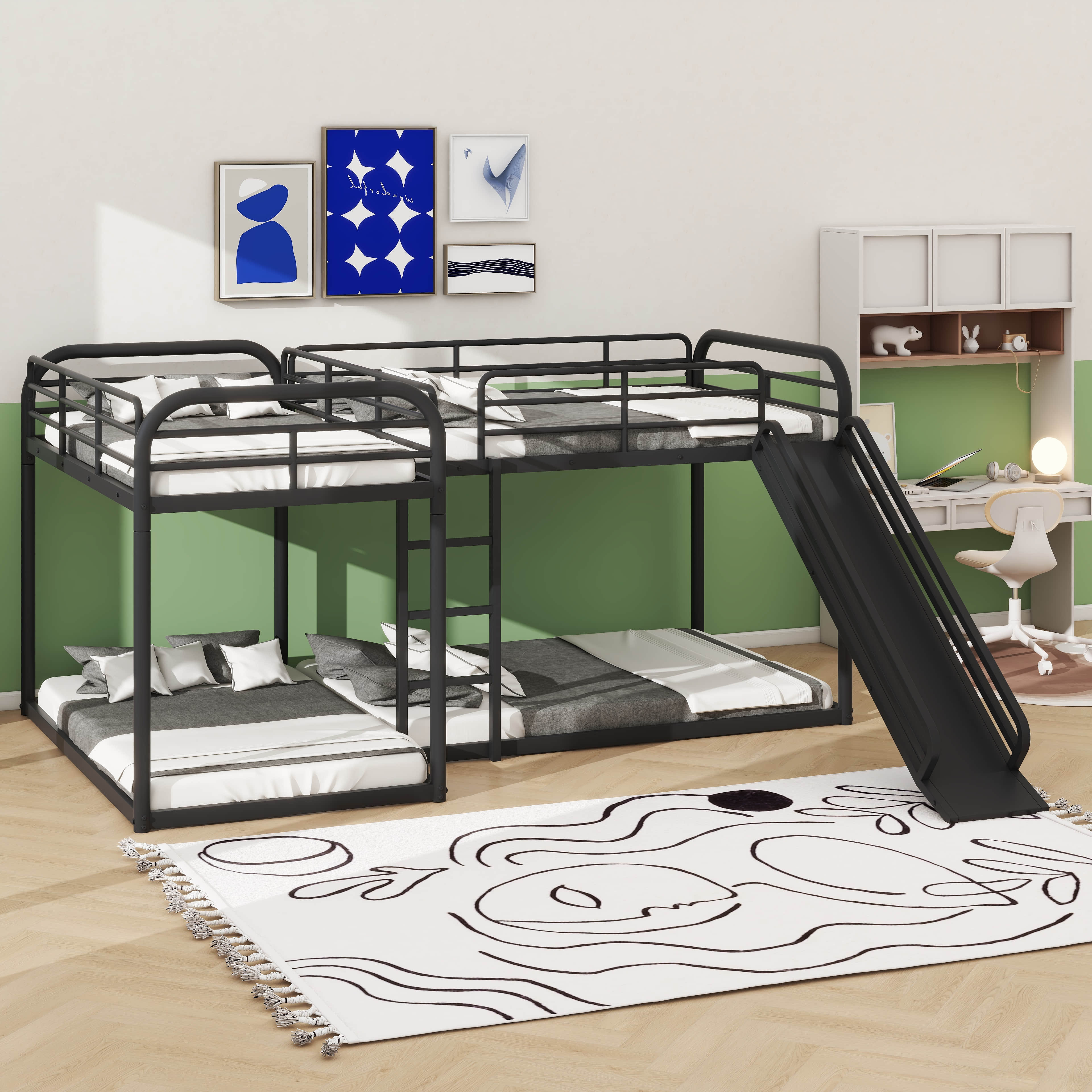 George Oliver Functional L-Shaped Full And Twin Bunk Bed With Slide And ...