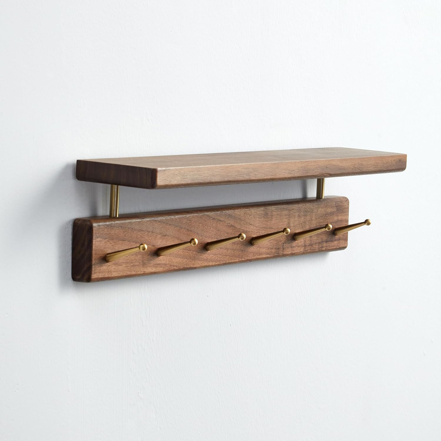 Hokku Designs Solid Wood Wall Shelf With Brass Hooks - Handmade Walnut ...