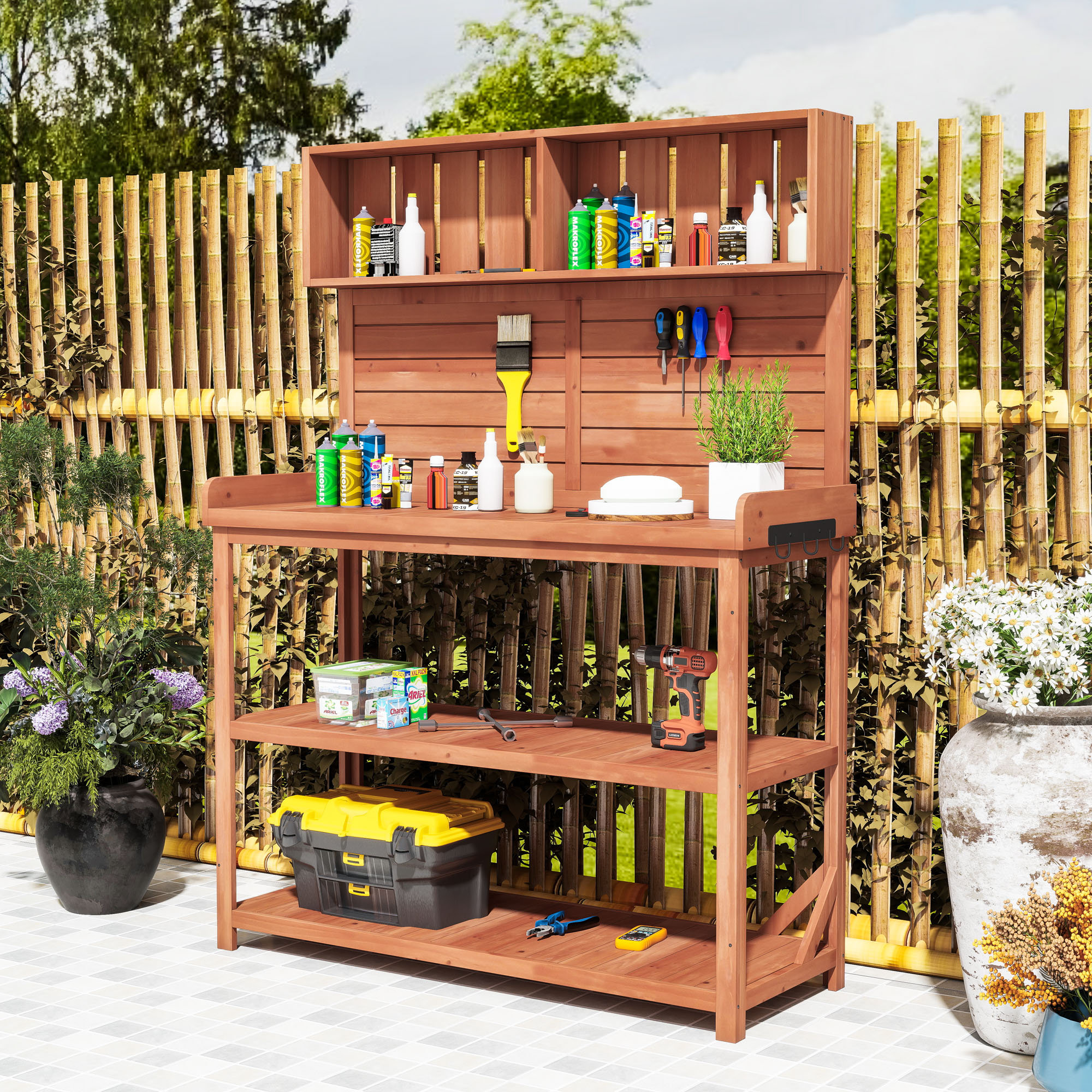 Gracie Oaks Fir Wood Outdoor Potting Bench with Spacious Workstation ...