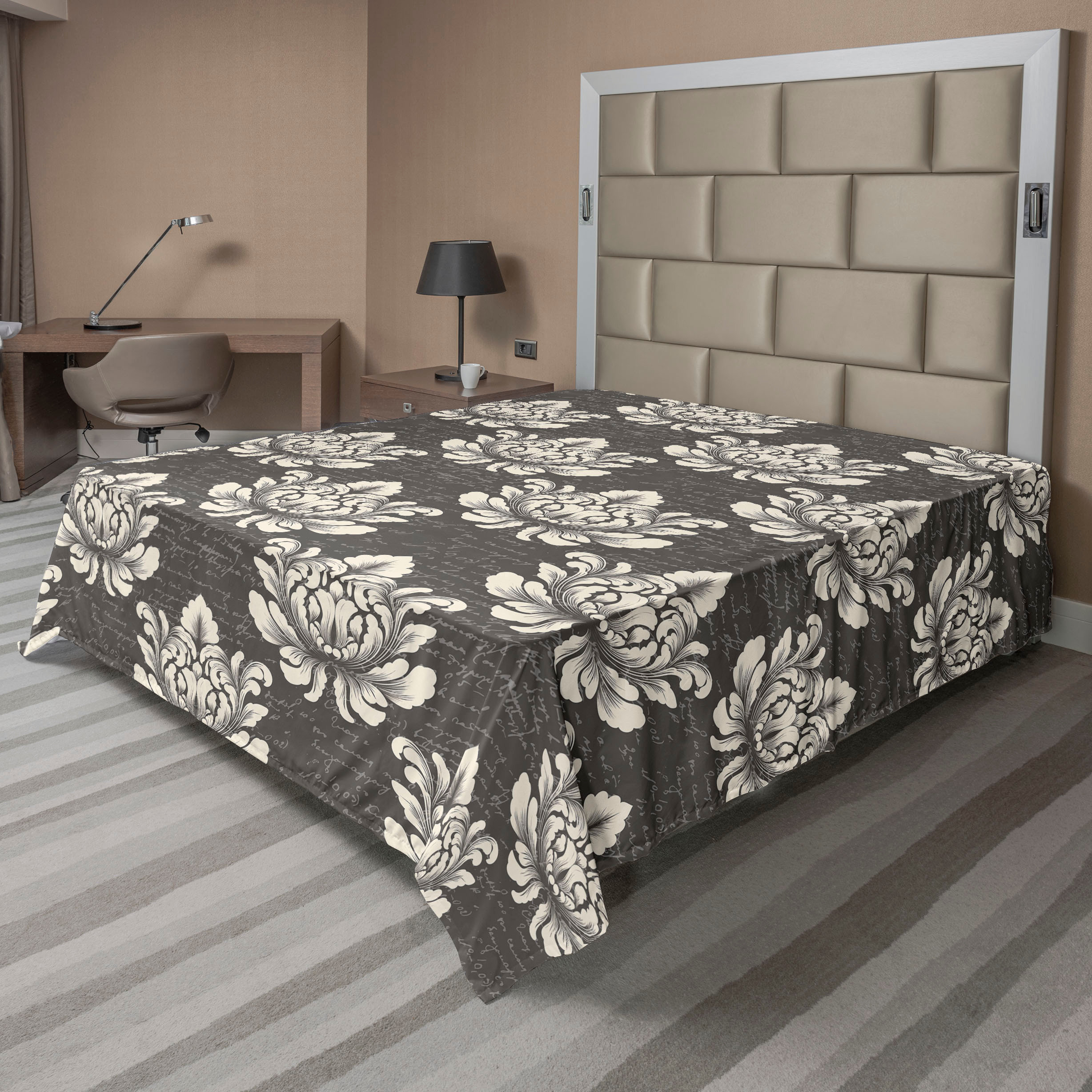 Ambesonne Vintage Flat Sheet Damask Art Cursive Writing Taupe Grey and ...