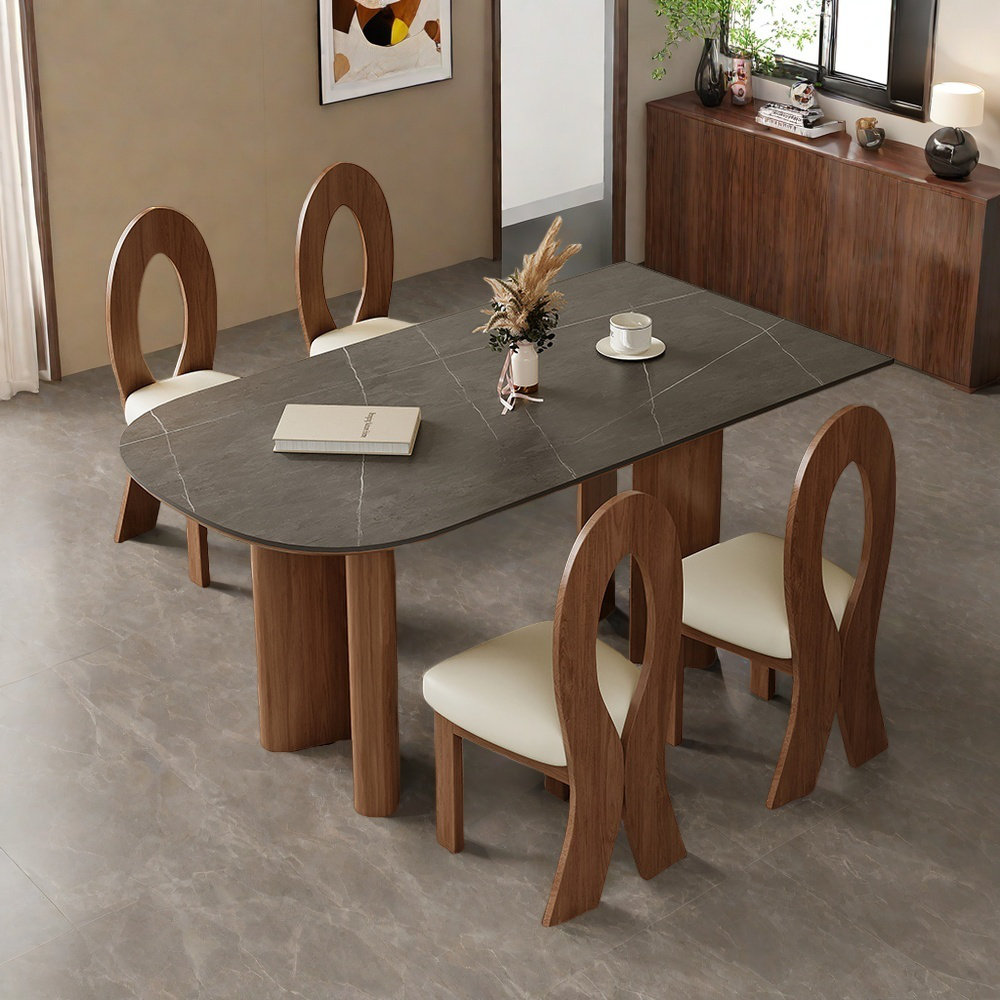 HONELS Solid wood semi-circular rock slab table set | Wayfair