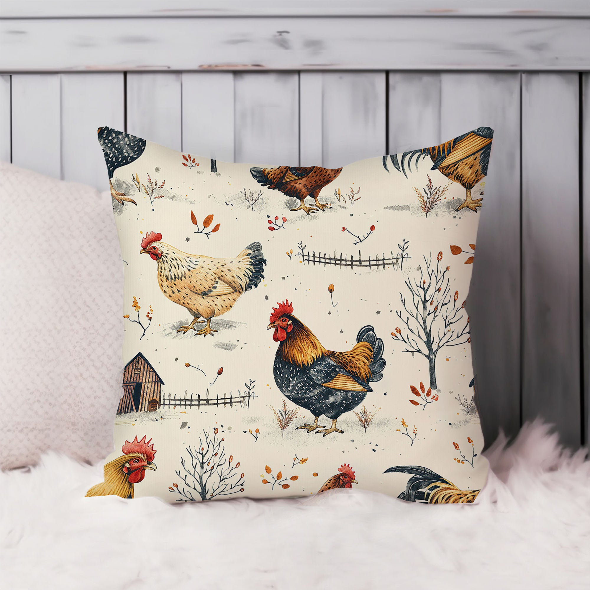 Ethan Taylor Animals Rustic Farmhouse Chickens Pattern III Farm Animals Chicken Pillow Cover ...