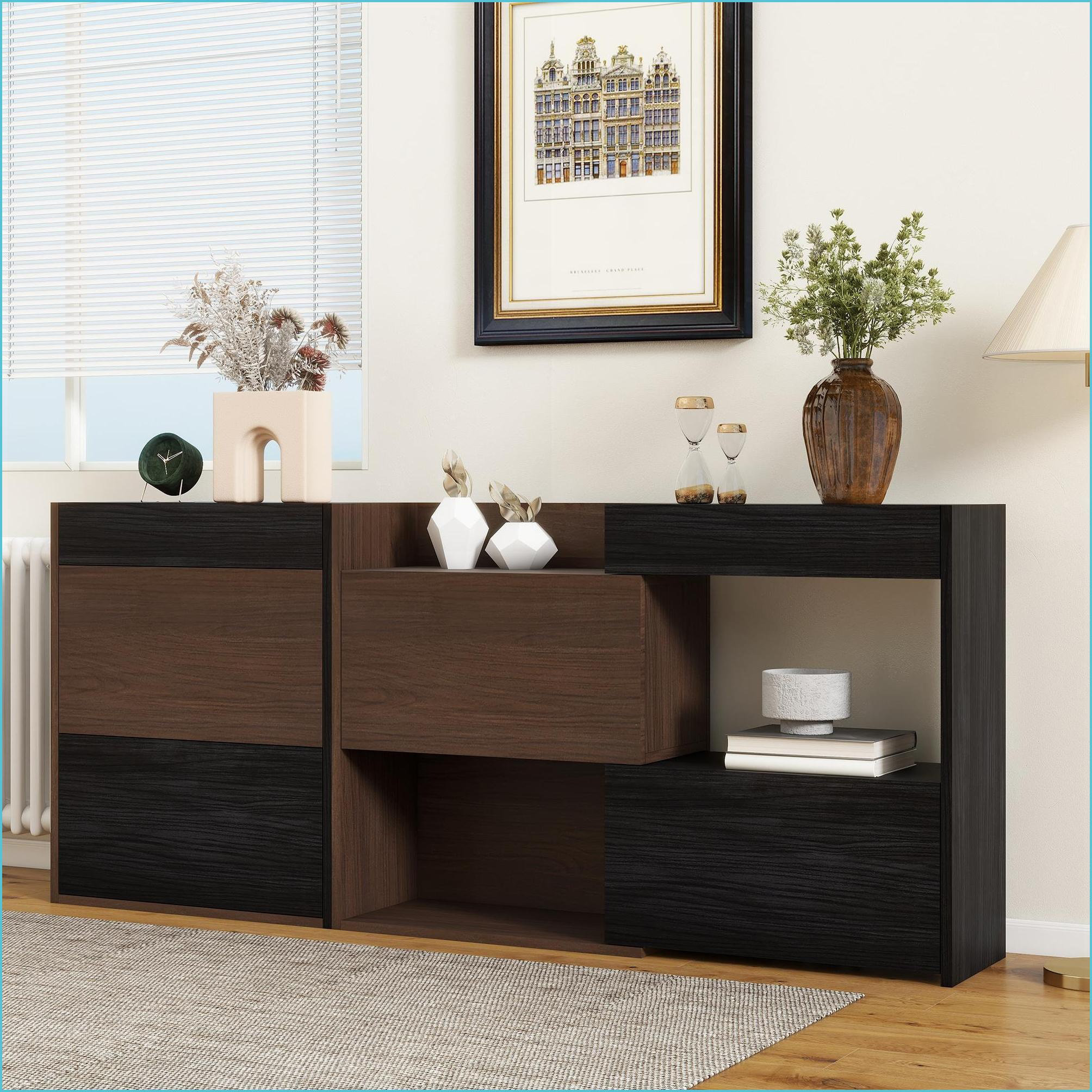 Latitude Run® Cabinets Set of 2, Modern Black & Walnut Brown Extendable ...