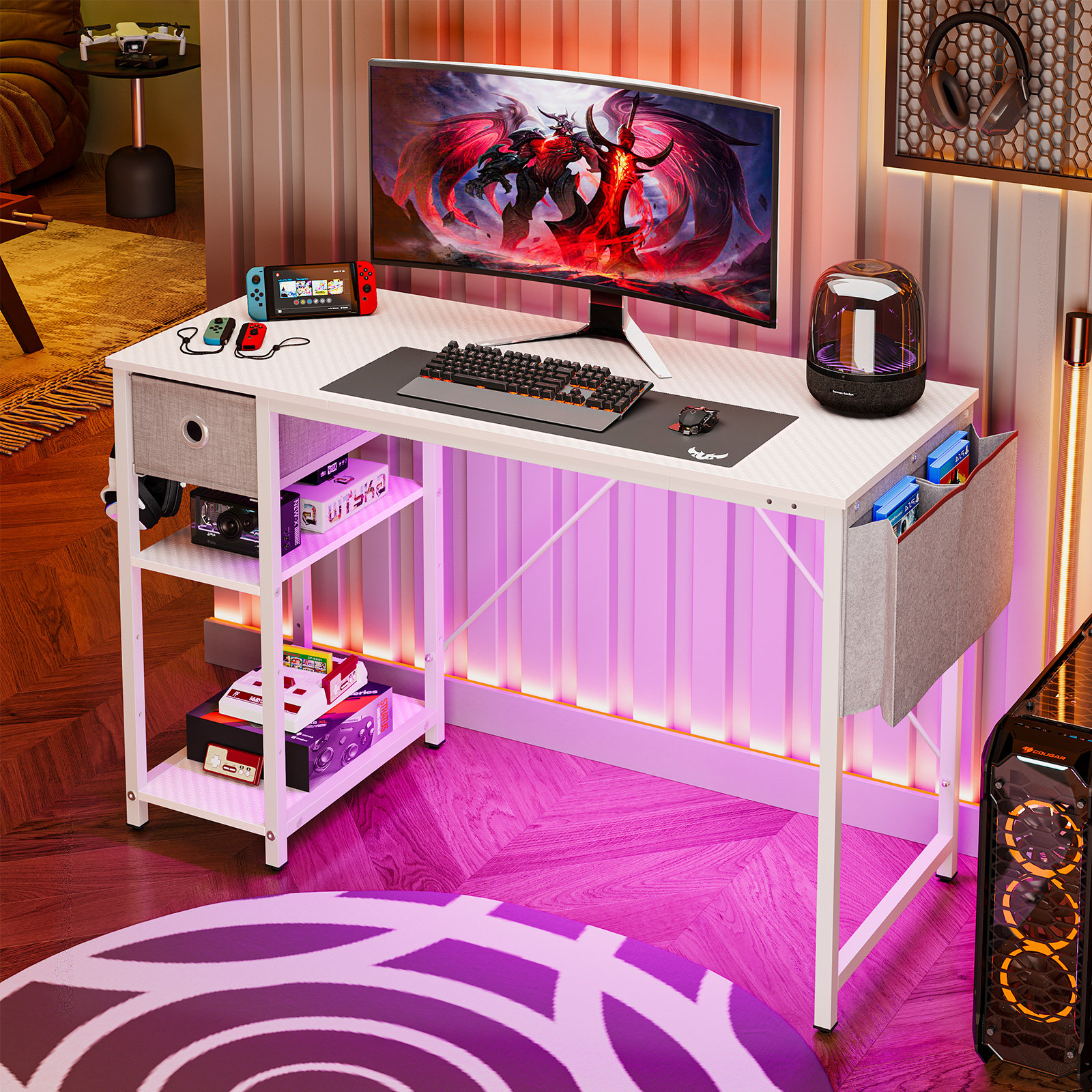 Wrought Studio™ 47 Inch Gaming Desk with LED Lights Small Computer ...