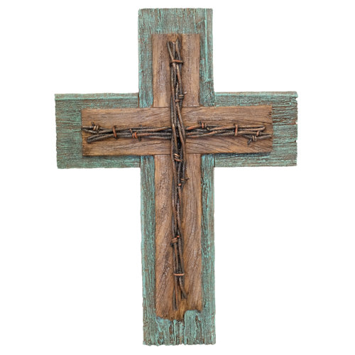 Trinx Polyresin Faux Layered Wood Patina Cross with Barbed Wire Accent ...