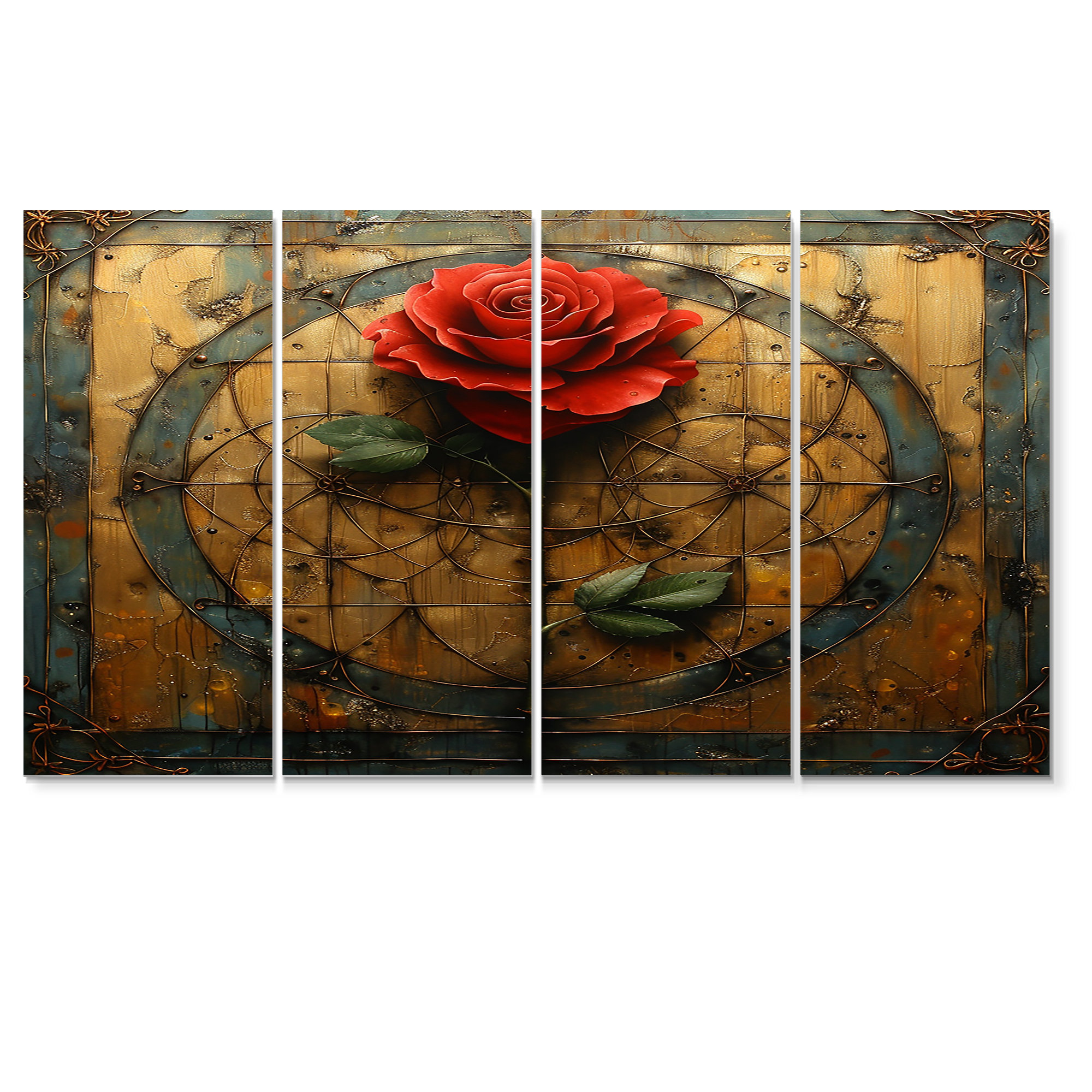 Design Art Red Rose Geometric Vintage Gold II - Rose Wall Art 4 Piece ...