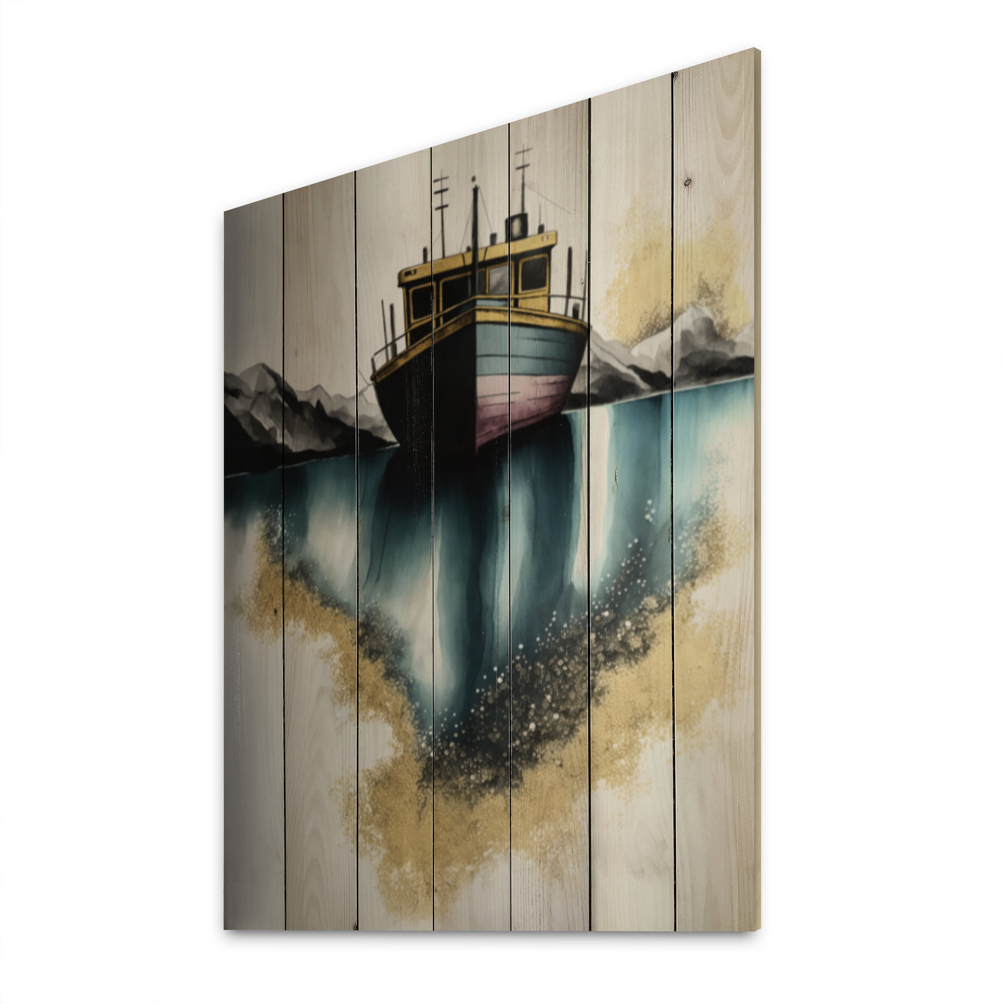 Breakwater Bay Baty Green Modern Fishing Boat On Wood Print | Wayfair