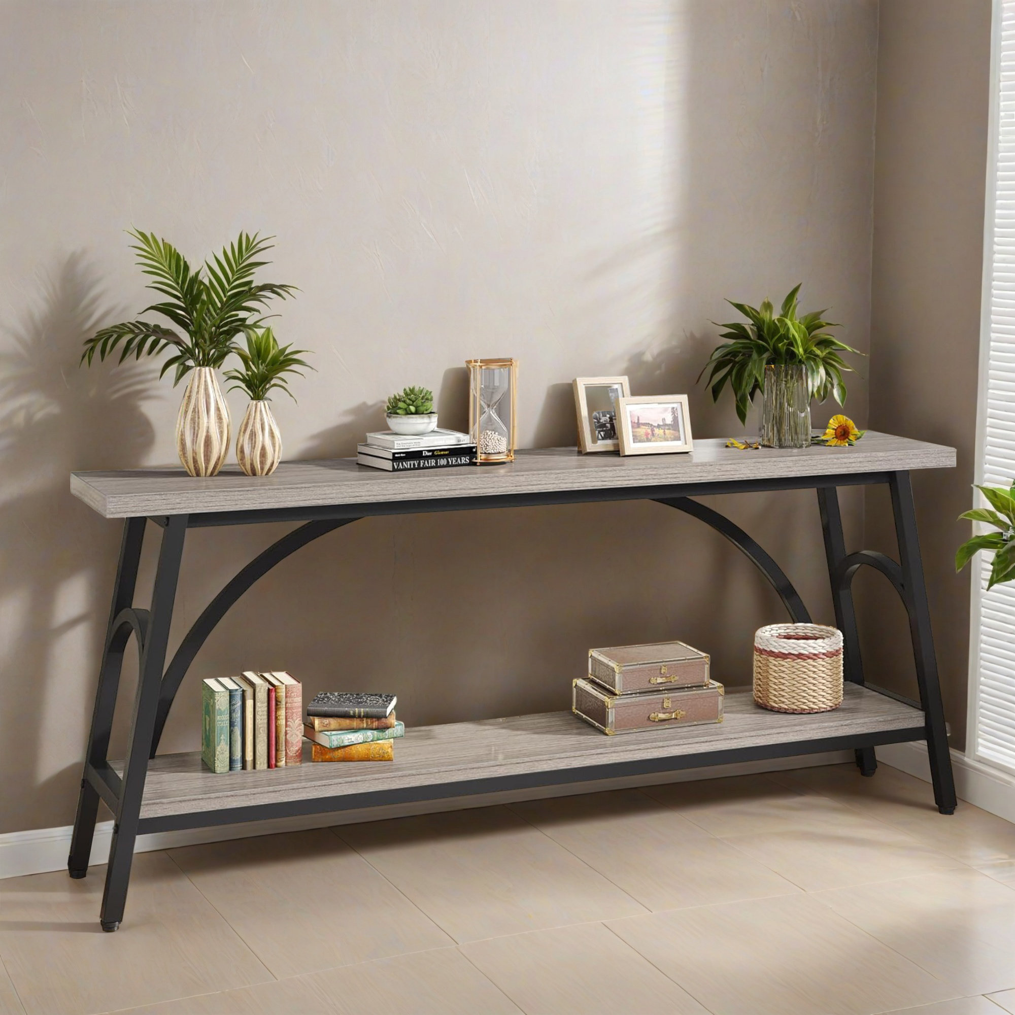 17 Stories 70.88" Extra Long Console Table, 2-Tier Wood Sofa Table ...