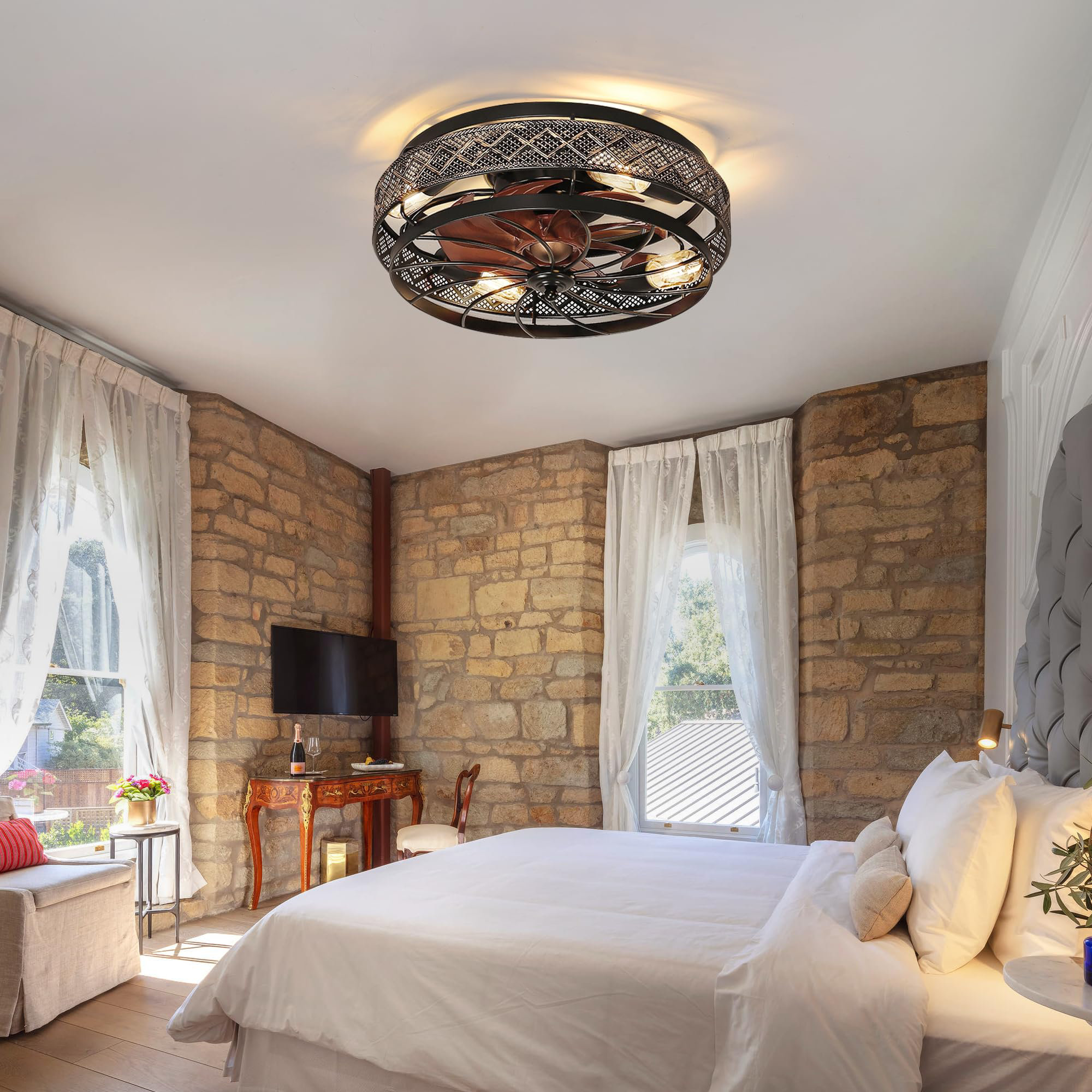 Lark Manor Low Profile Caged Ceiling Fans With Lights And Remote, Flush ...