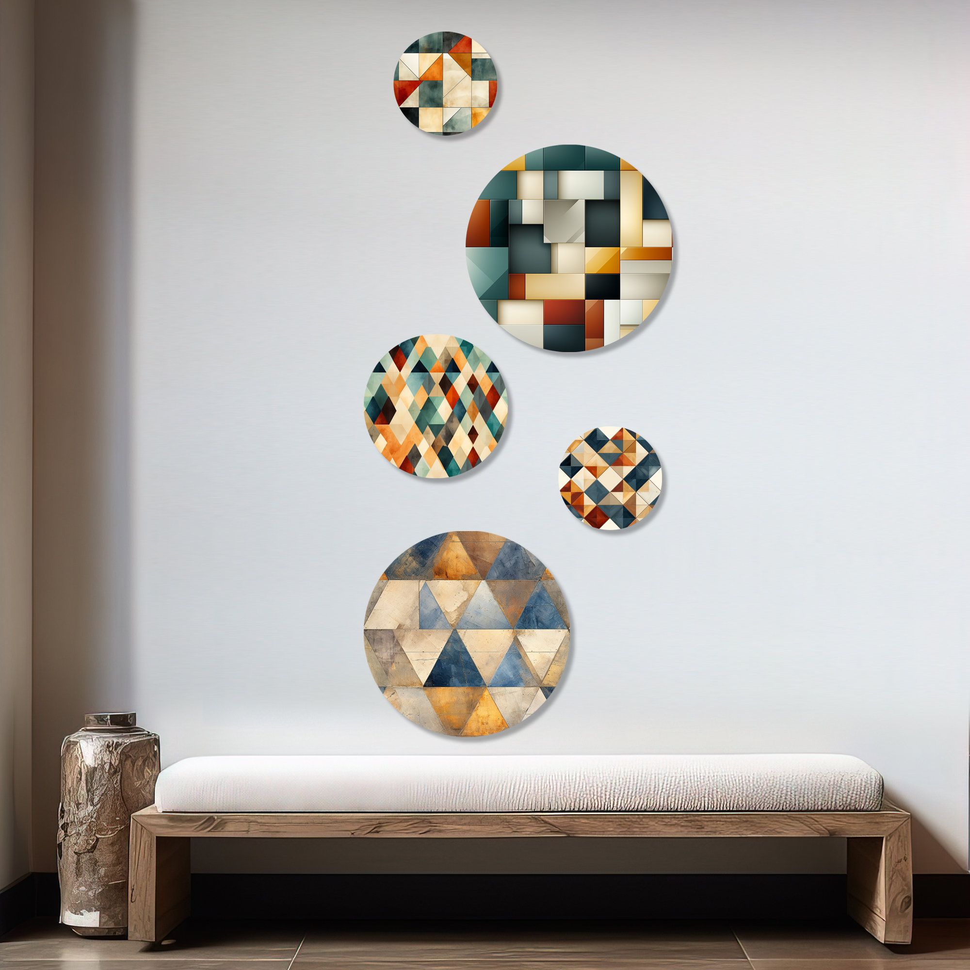 Design Art Beige And Blue Triangles Mosaic - Geometric Modern Round ...