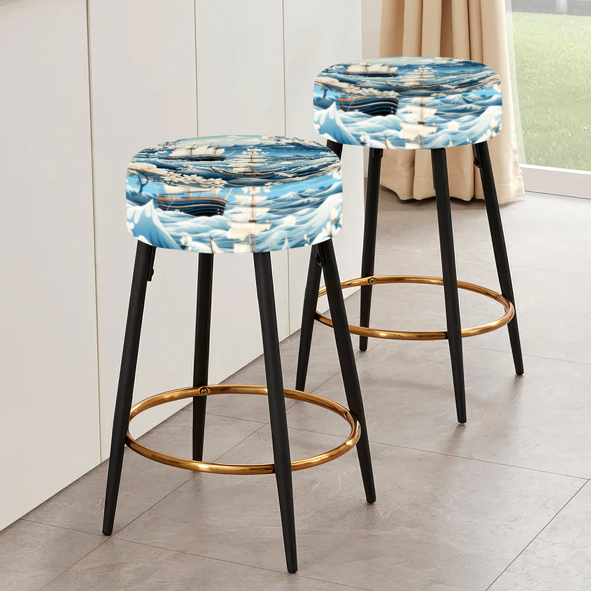 Design Art Maritime Coastal Boot Damask Voyage - Coastal Bar Stools Set ...