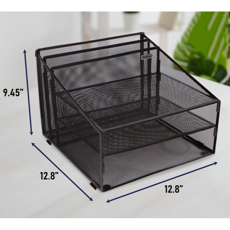Inbox Zero Black Metal Mesh Desk Organizer - 3 Trays & 2 Upright ...