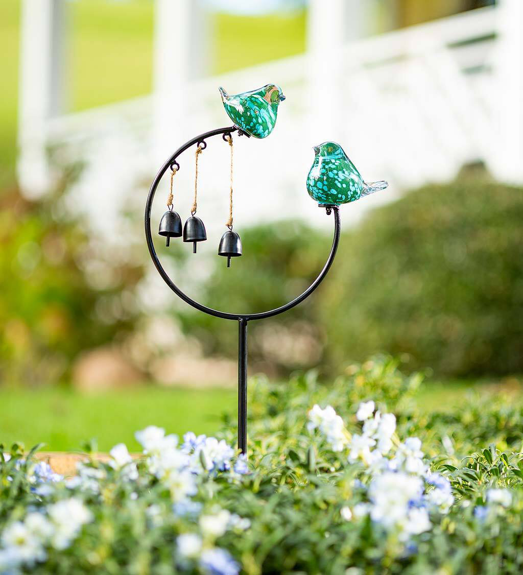 Wind & Weather Metal Garden Stake With Two Blown-Glass Birds And Three ...