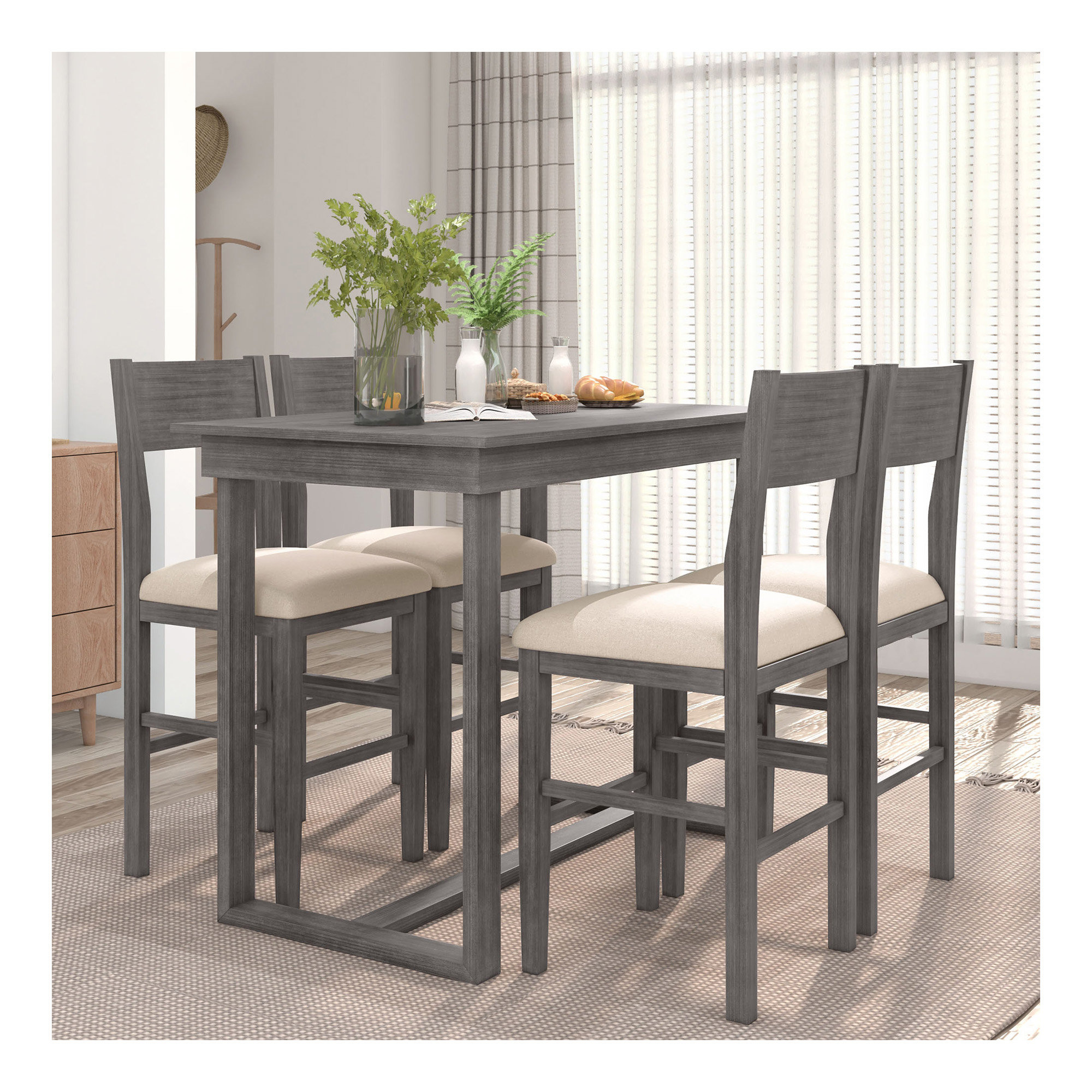 Gracie Oaks Farmhouse Counter Height 5-Piece Dining Table Set with 1 ...