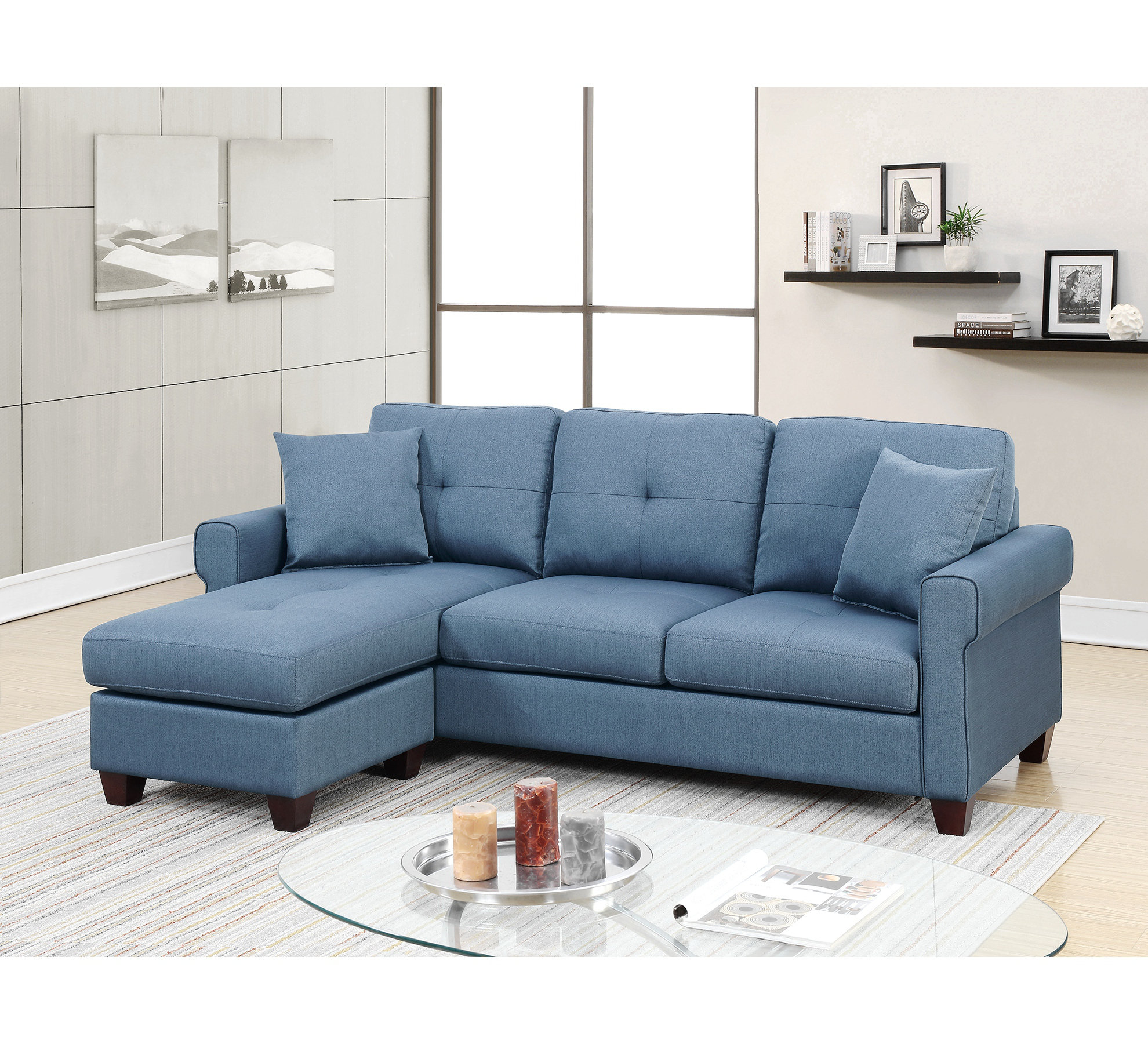 Latitude Run® 2-Piece Blue Glossy Polyfiber Sectional Sofa With Solid ...