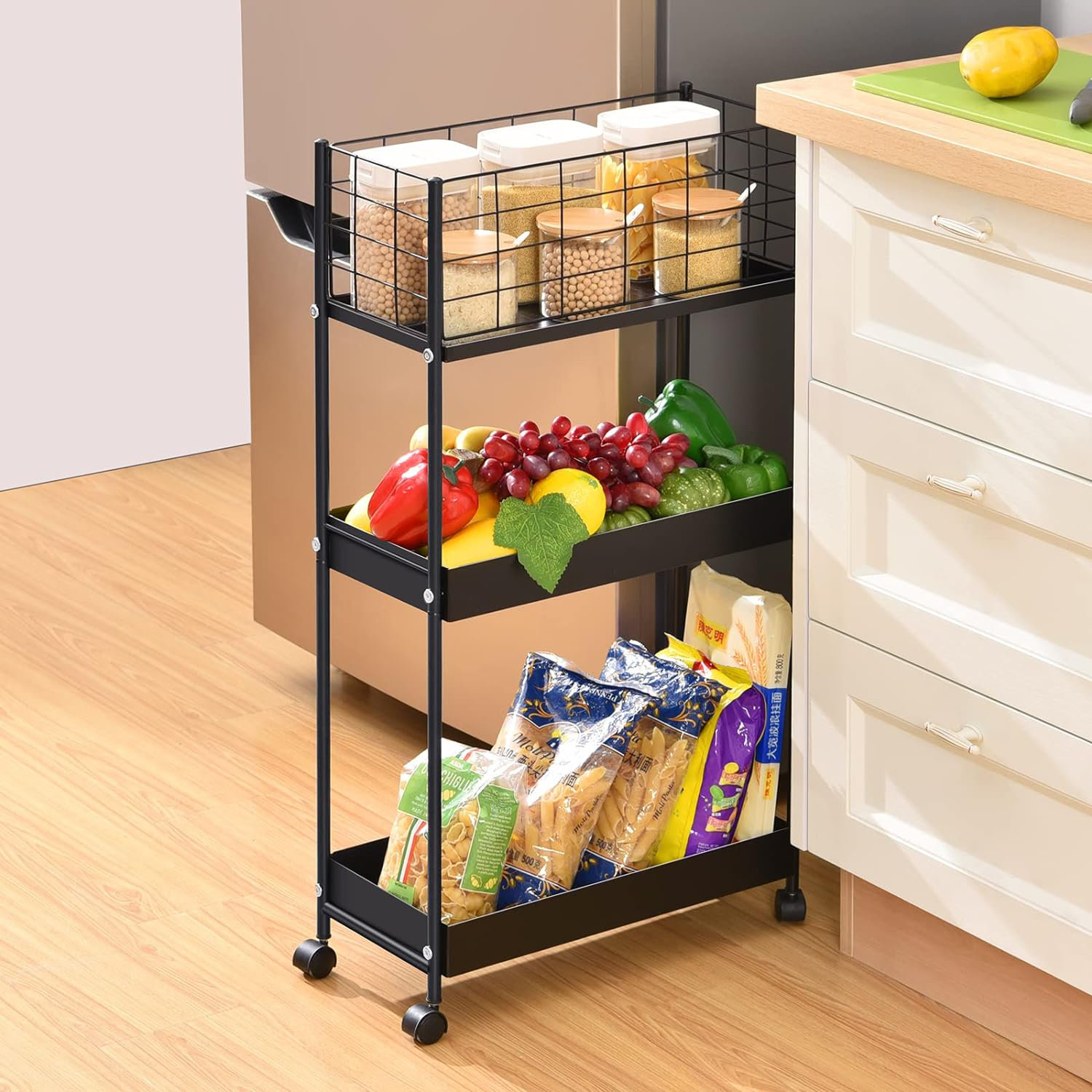 Passetas 3-Tier Metal Rolling Utility Cart, Slim Storage Cart, Slide ...
