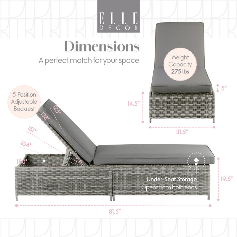 Elle Decor Vallauris Outdoor Chaise Lounge with Storage, Grey | Wayfair