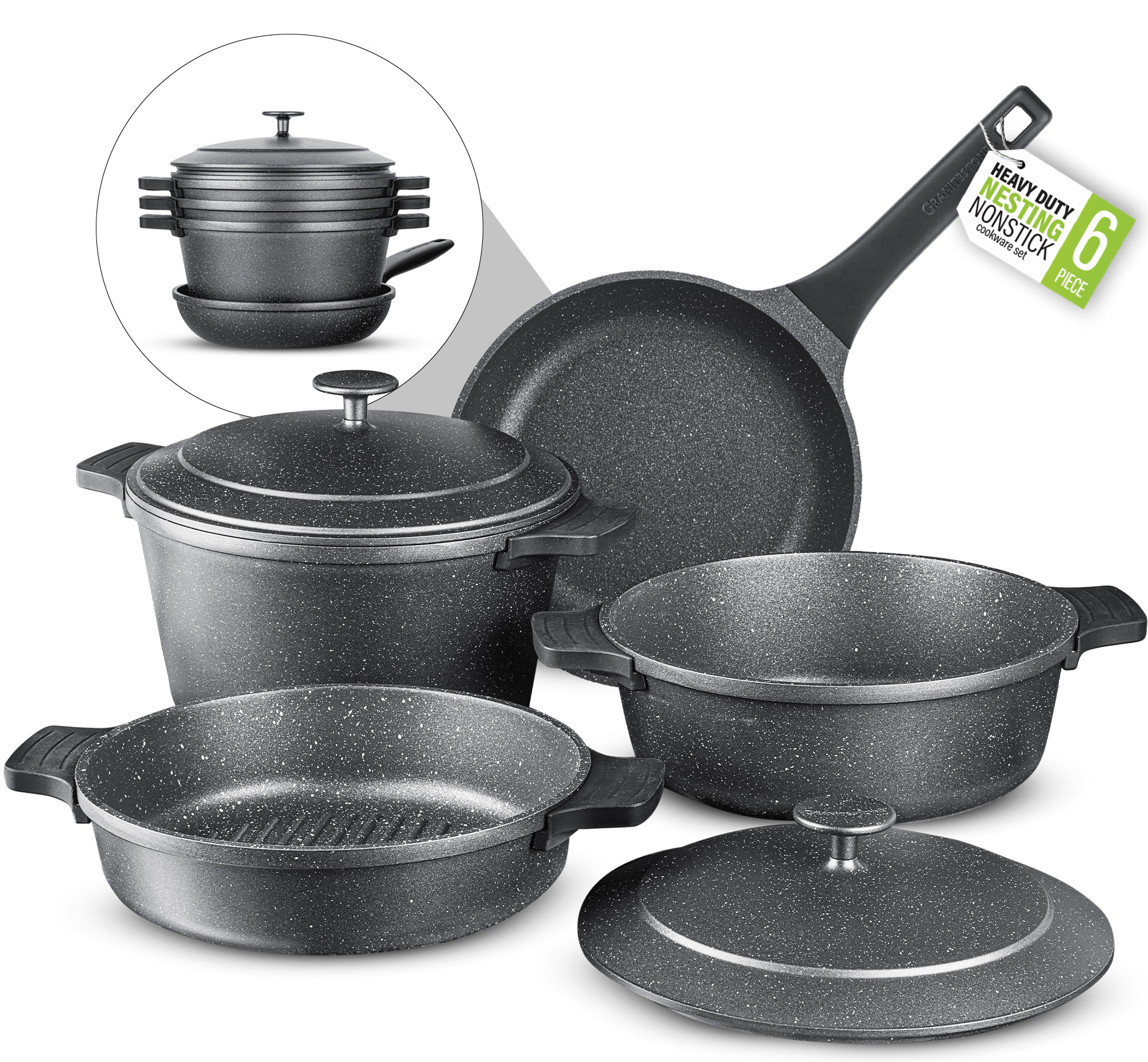 Granitestone Diamond 6 PC Nonstick Heavy Duty Nesting Pots Cookware Set ...