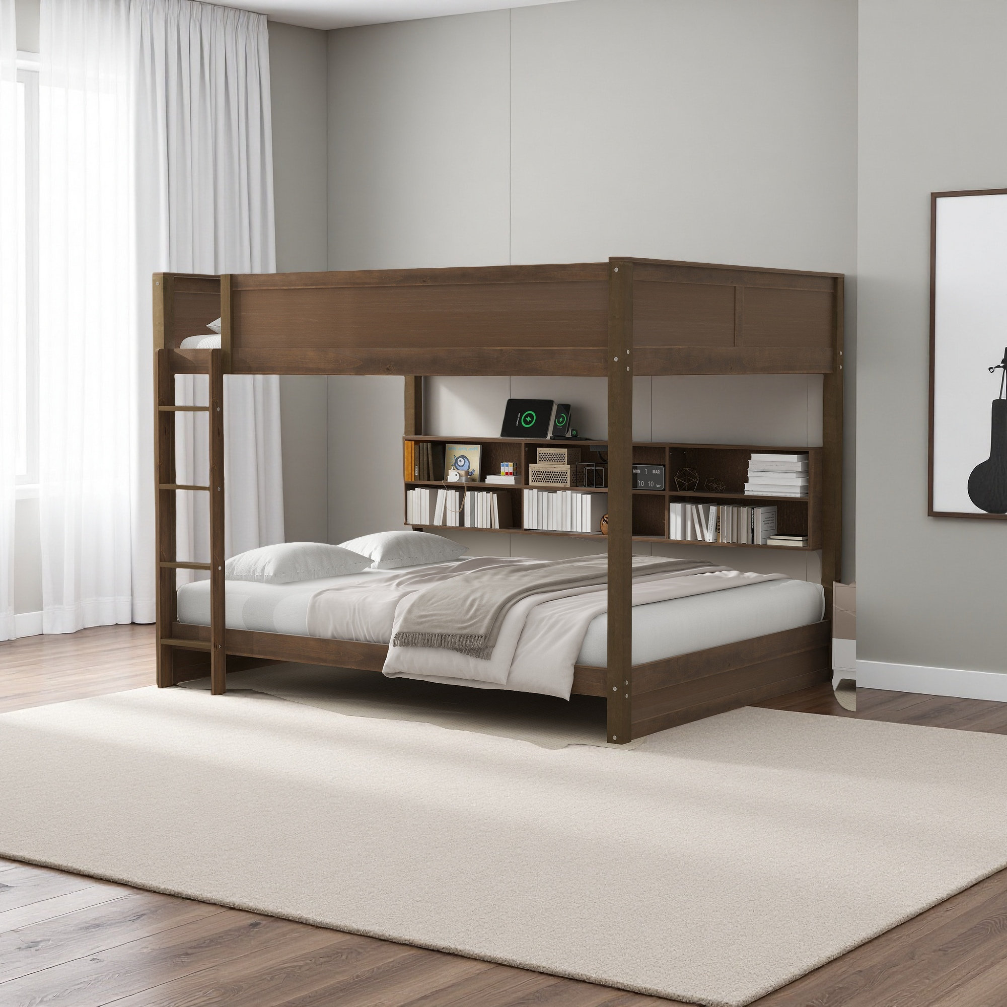 Harriet Bee Queen Over Queen Bunk Bed With Storage Cabinets And USB ...