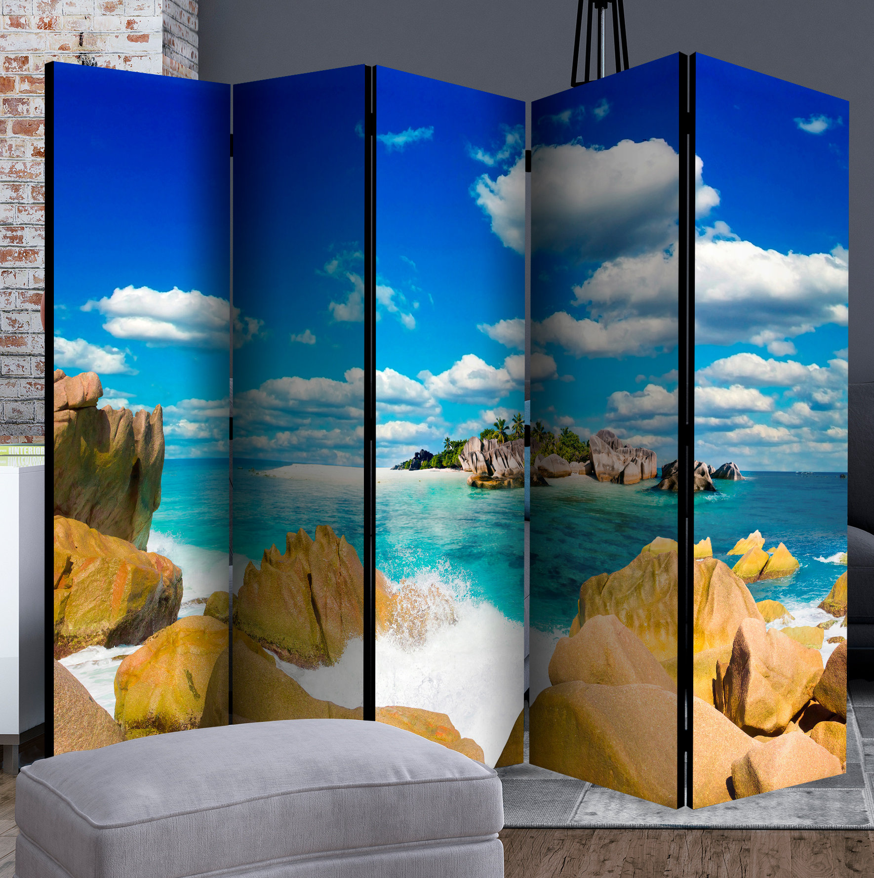 East Urban Home Geter 89'' W x 68'' H 5 - Panel Solid Wood Folding Room ...