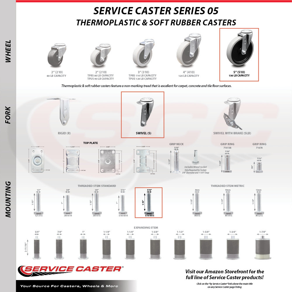Service Caster 5 Inch Thermoplastic Rubber Wheel 5/16 Inch Threaded ...
