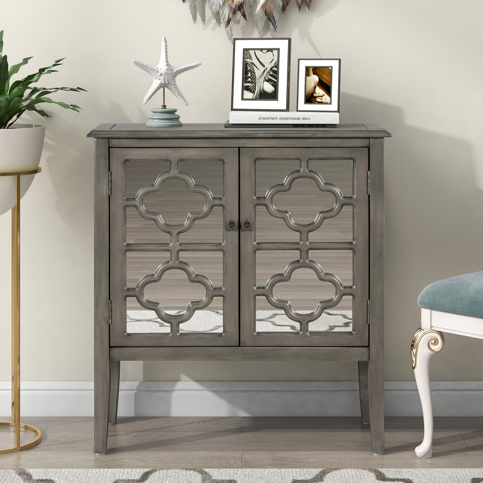 One Allium Way® Wood Buffet Sideboard Storage Cabinet With Mirrored Doors And Adjustable Shelves ...