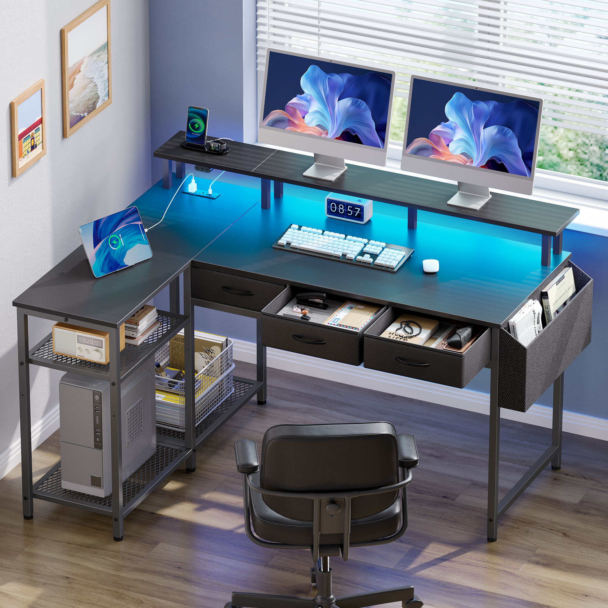 Wrought Studio L Shaped Desk with Power Outlets & RGB LED Lights ...