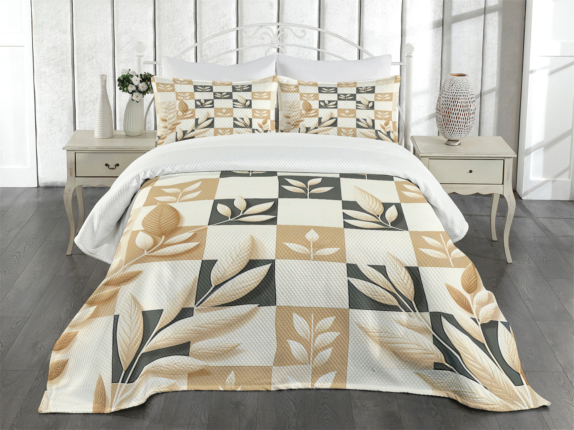 Ambesonne Neutral Bedspread Set 3 Pcs Leaves on Checkered Board Beige ...