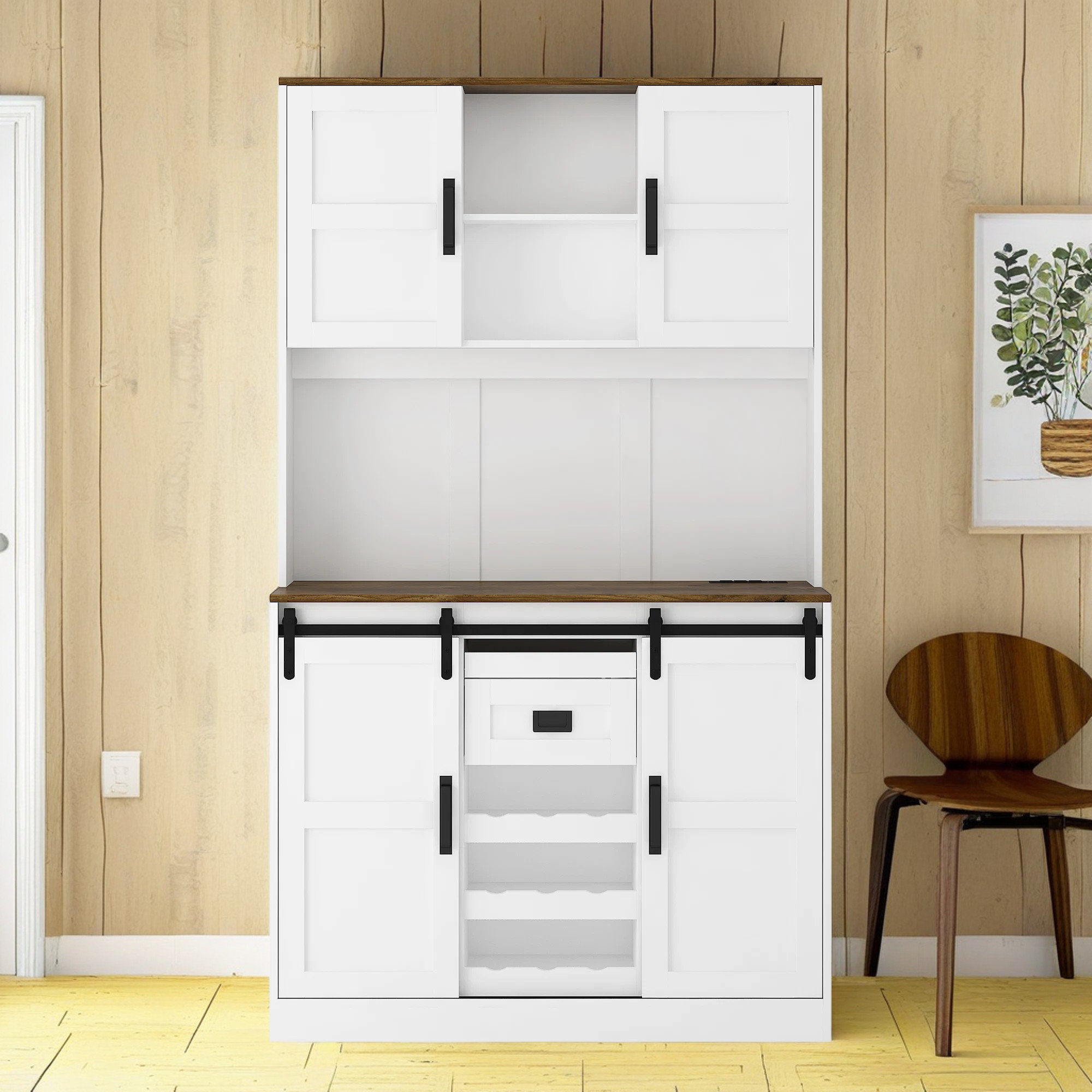 Gracie Oaks Deccani Kitchen Pantry Cabinet with Sliding Barn Door, 3 AC ...