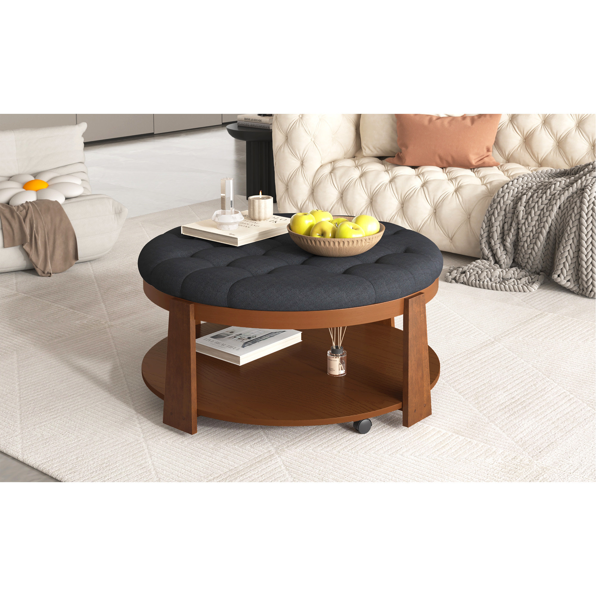 Latitude Run® Modern Large Round Ottoman Coffee Table 2-Tier Oversized ...