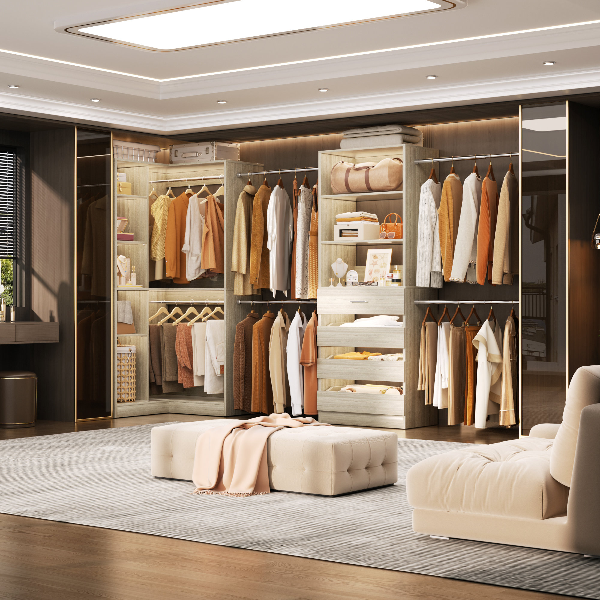 Gracie Oaks 110-151.7Inches Closet System With 6 Rods And 4 Drawers ...