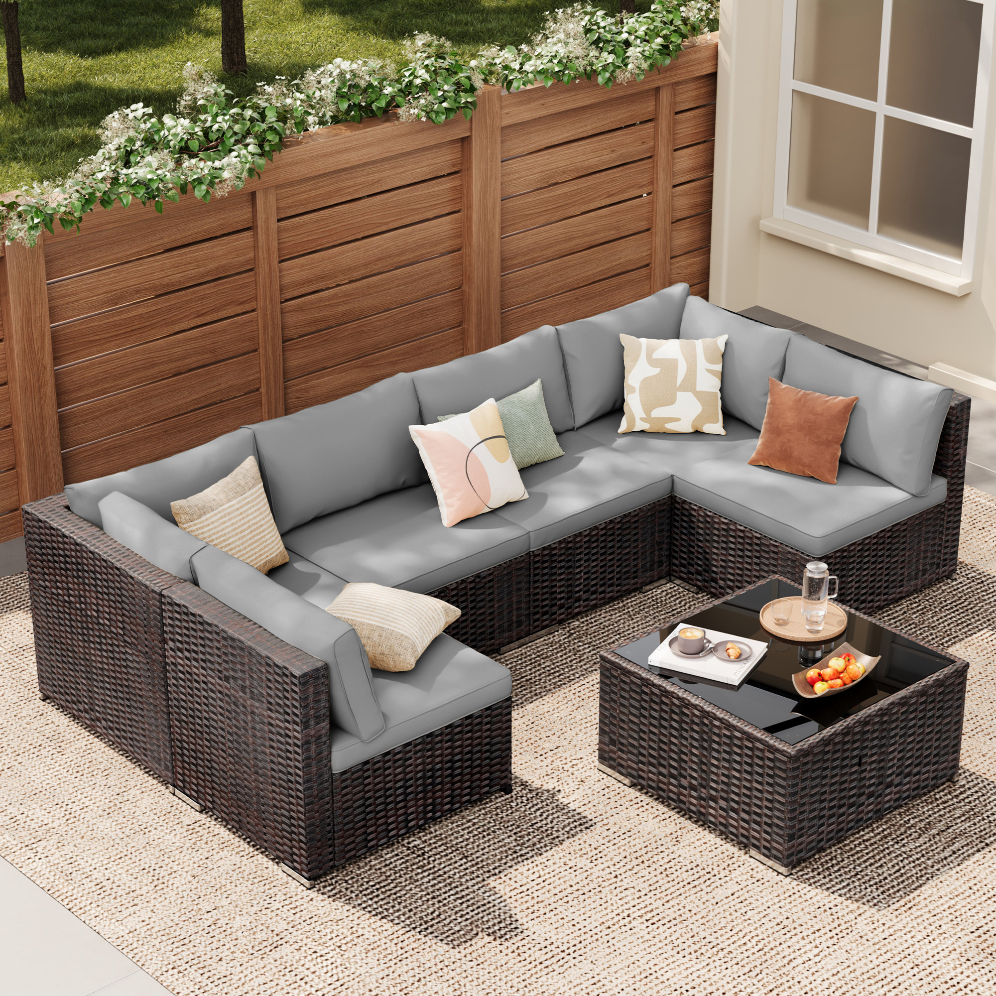 Ebern Designs Silverts 7-Piece Outdoor Rattan Sectional Seating Set ...