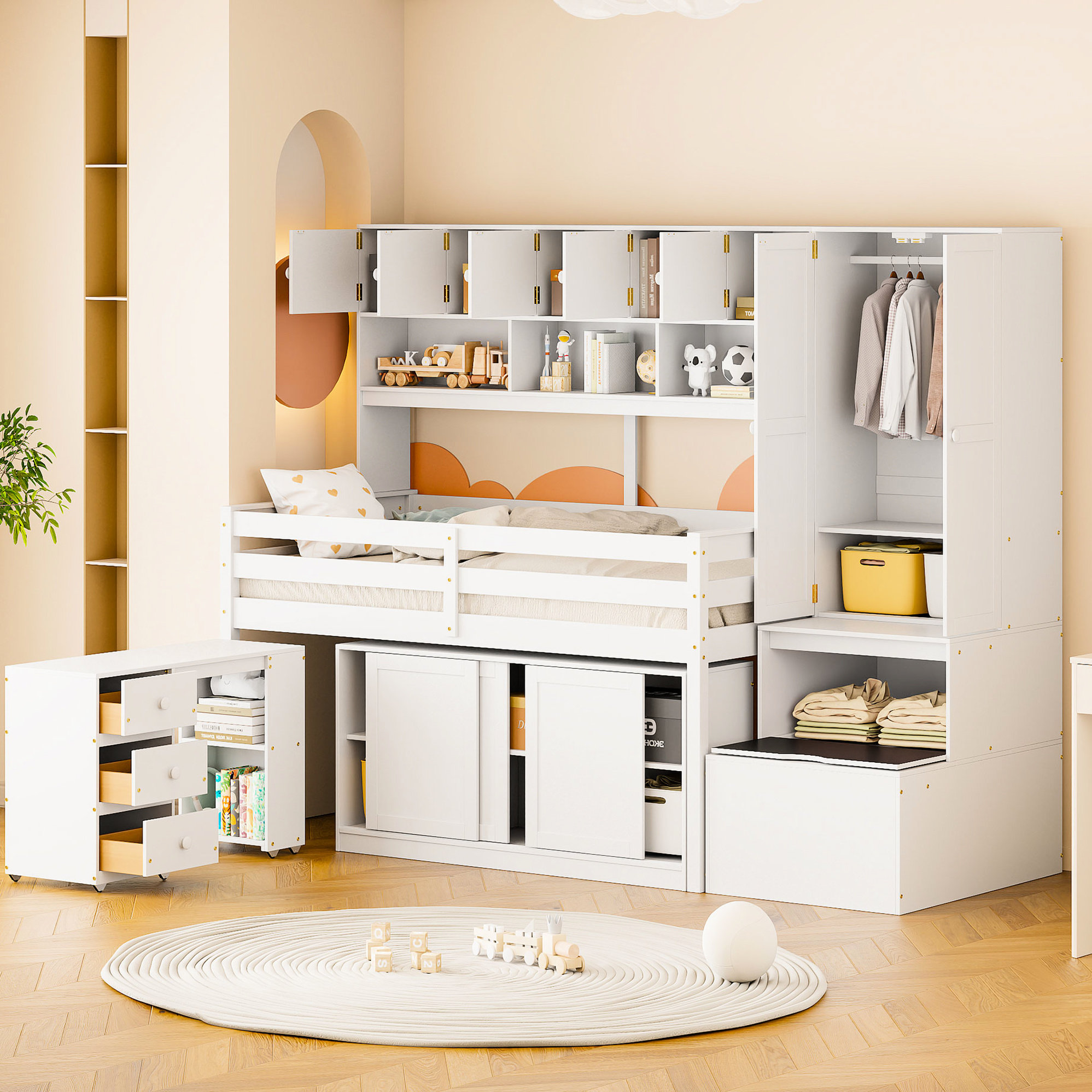 Hokku Designs Wooden Loft Bed With Under Desk, Drawers & Shelves, Space ...